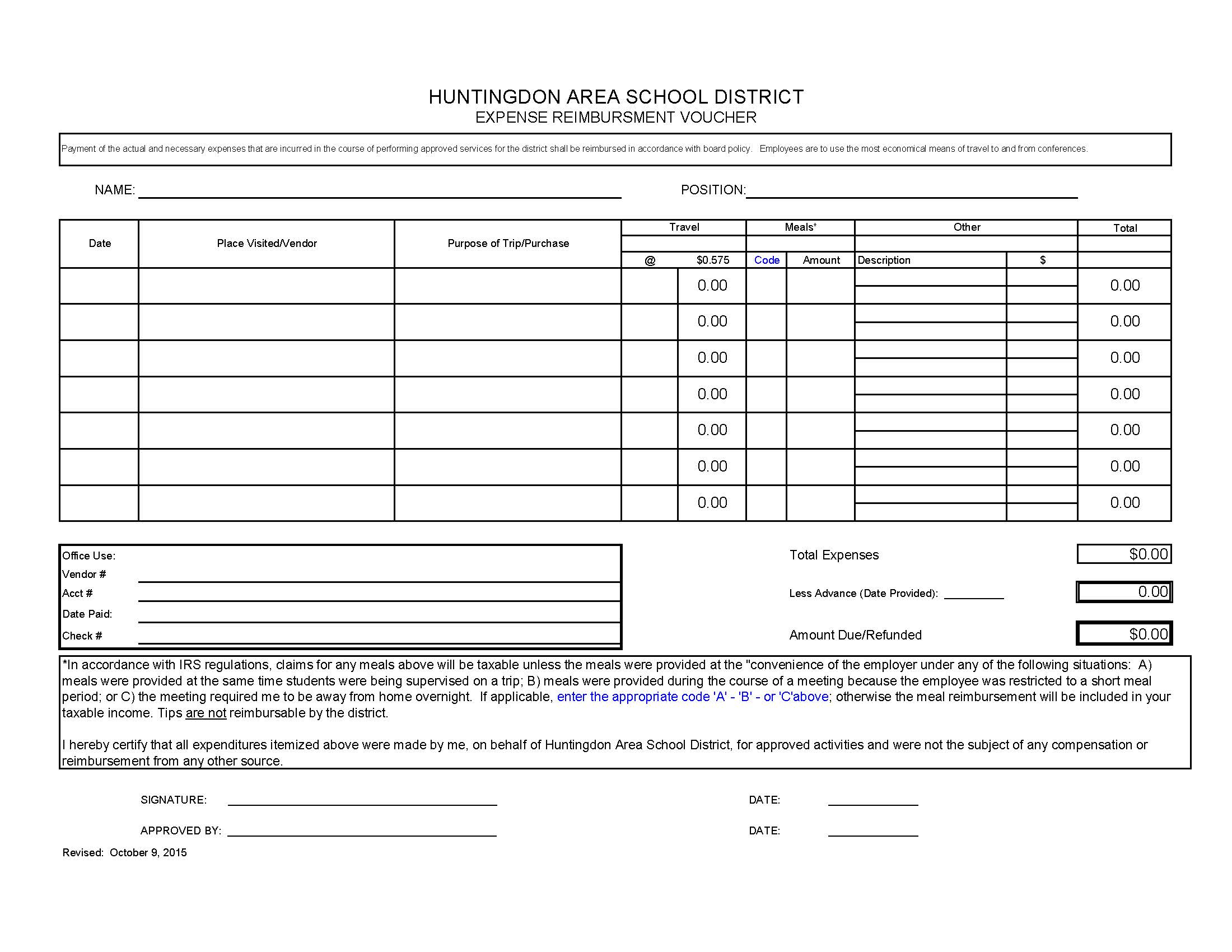 ExpenseReimbursementForm – Huntingdon Area School District