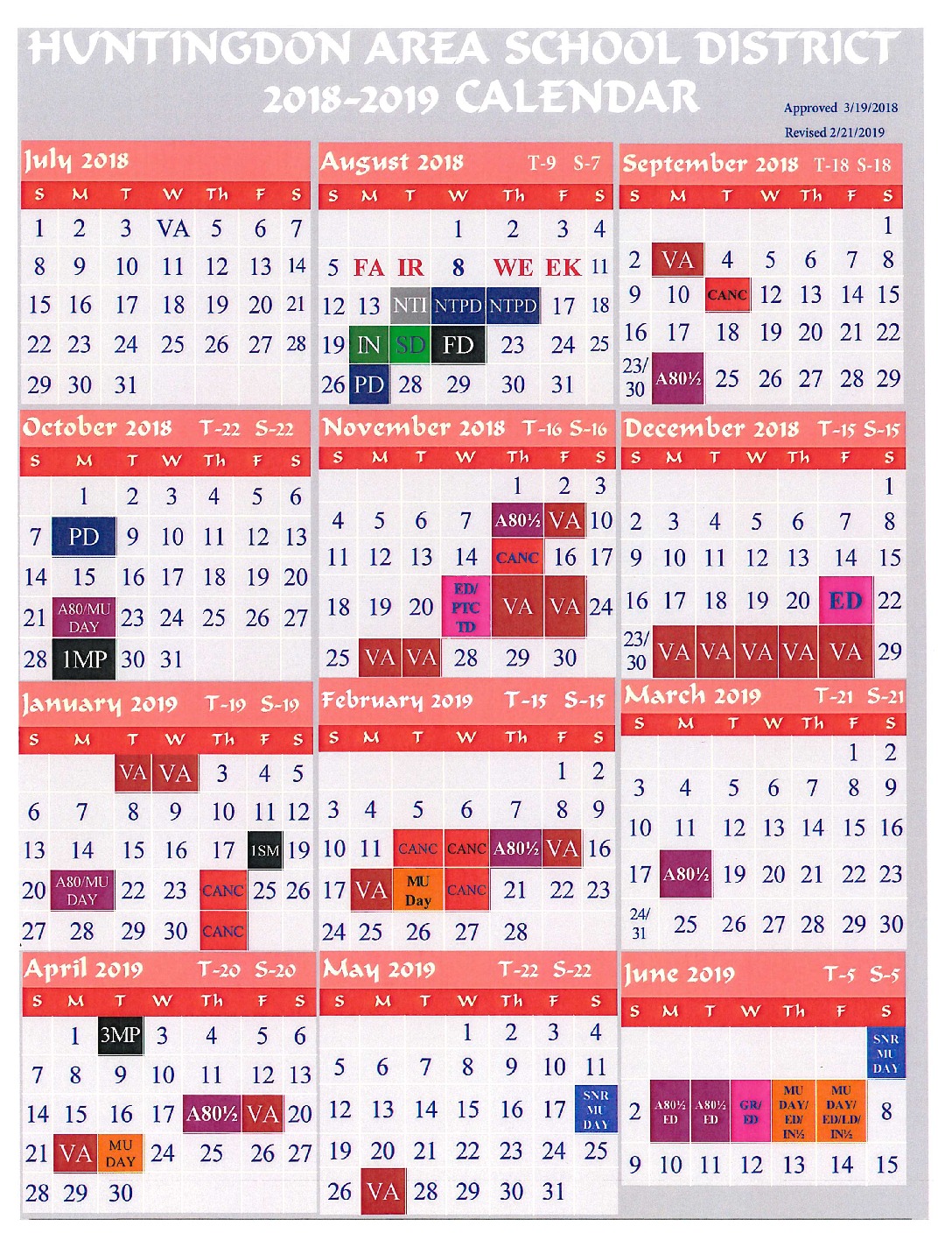 2018-2019 School Calendar (Revised 2/21/19) – Huntingdon Area School ...