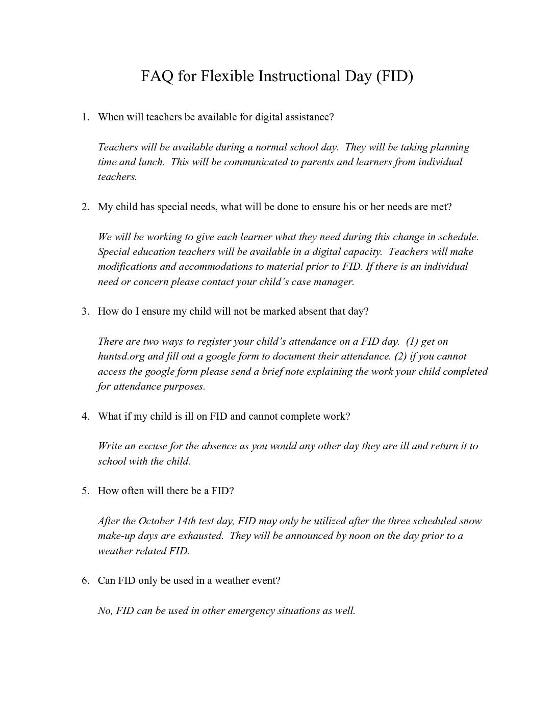 Flexible Instruction Day Information - Huntingdon Area School District