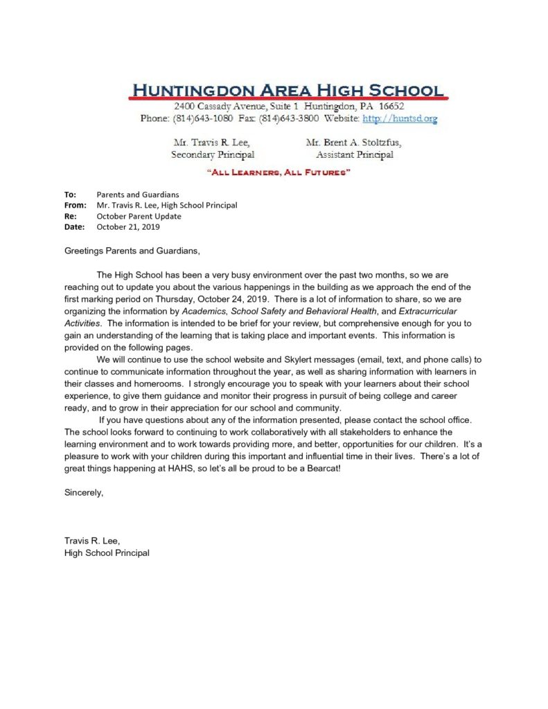 Parent Update Letter - Huntingdon Area School District
