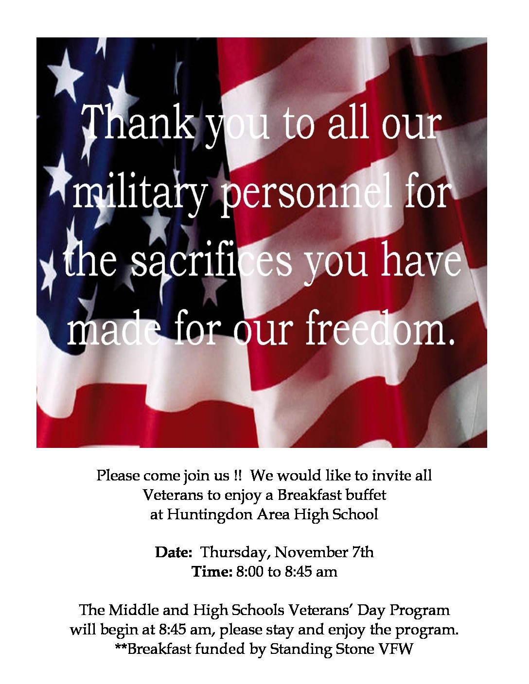 Veterans Day Program And Breakfast Invitation Huntingdon Area School 