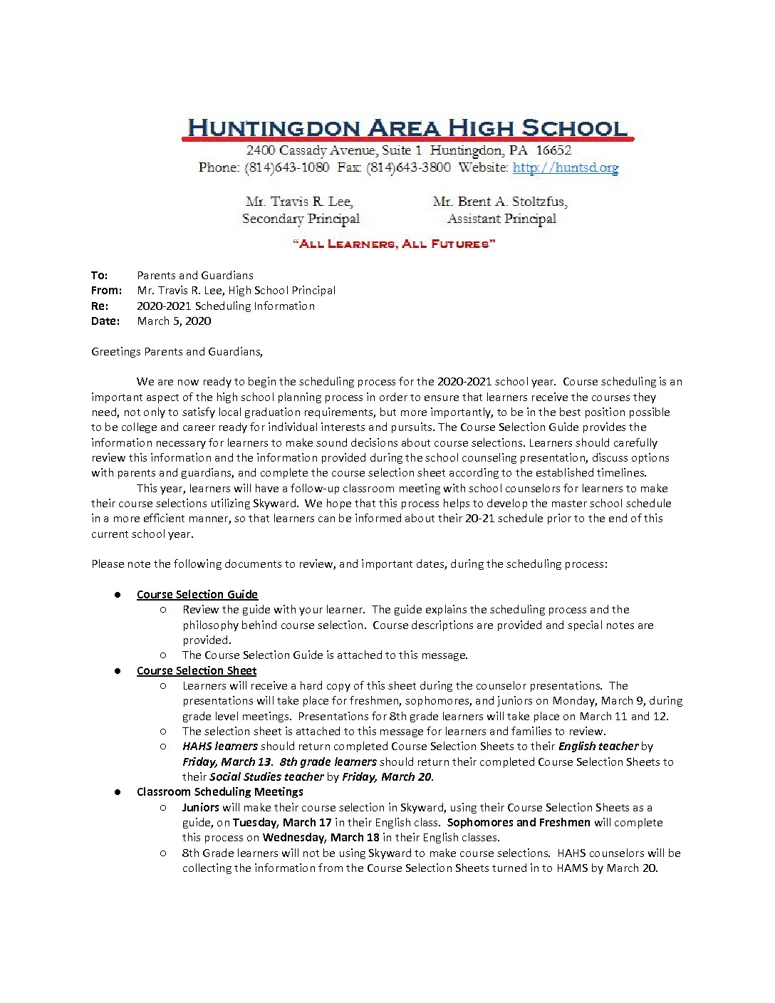 2020-2021 Course Scheduling Guide - Huntingdon Area School District