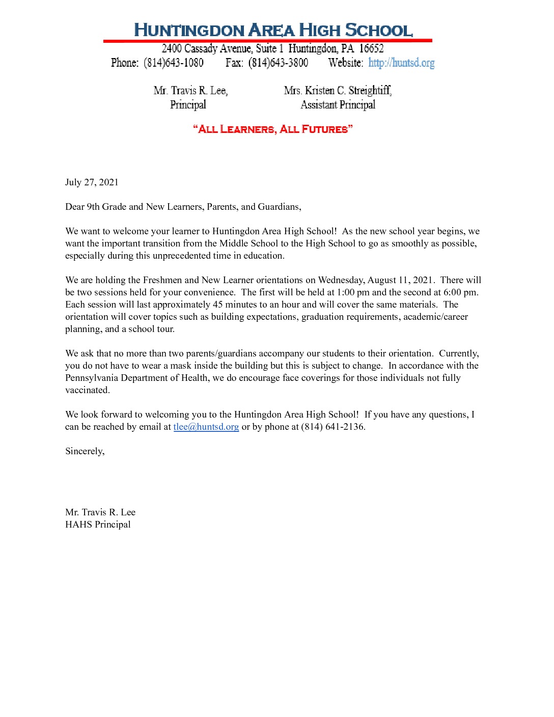 Freshmen and New Learner Orientation Letter - Huntingdon Area School ...