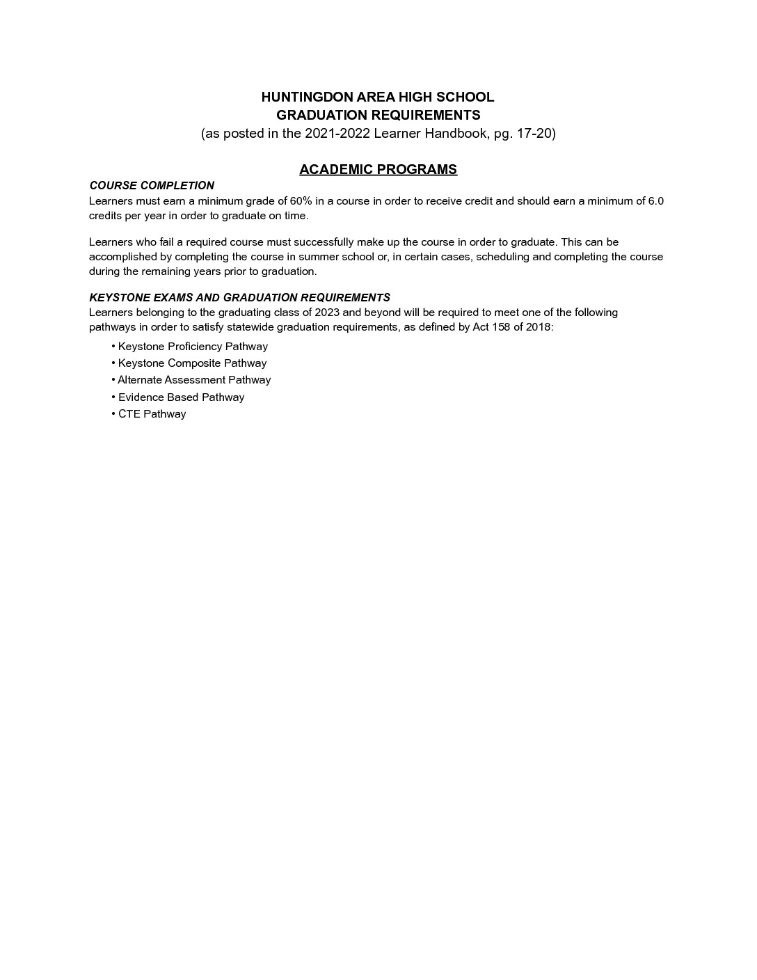 HAHS and Act 158 Graduation Requirements and Keystone Exam Information ...