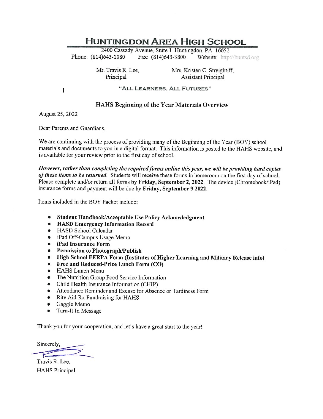 2022-2023 Beginning of the Year Information Memo and Documents ...