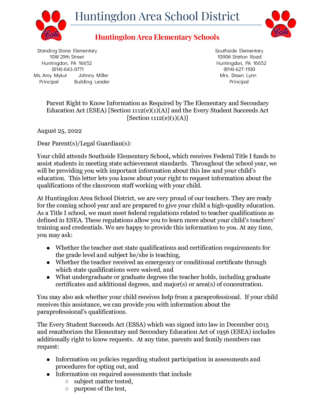 Parent's Right to Know Letters - Huntingdon Area School District