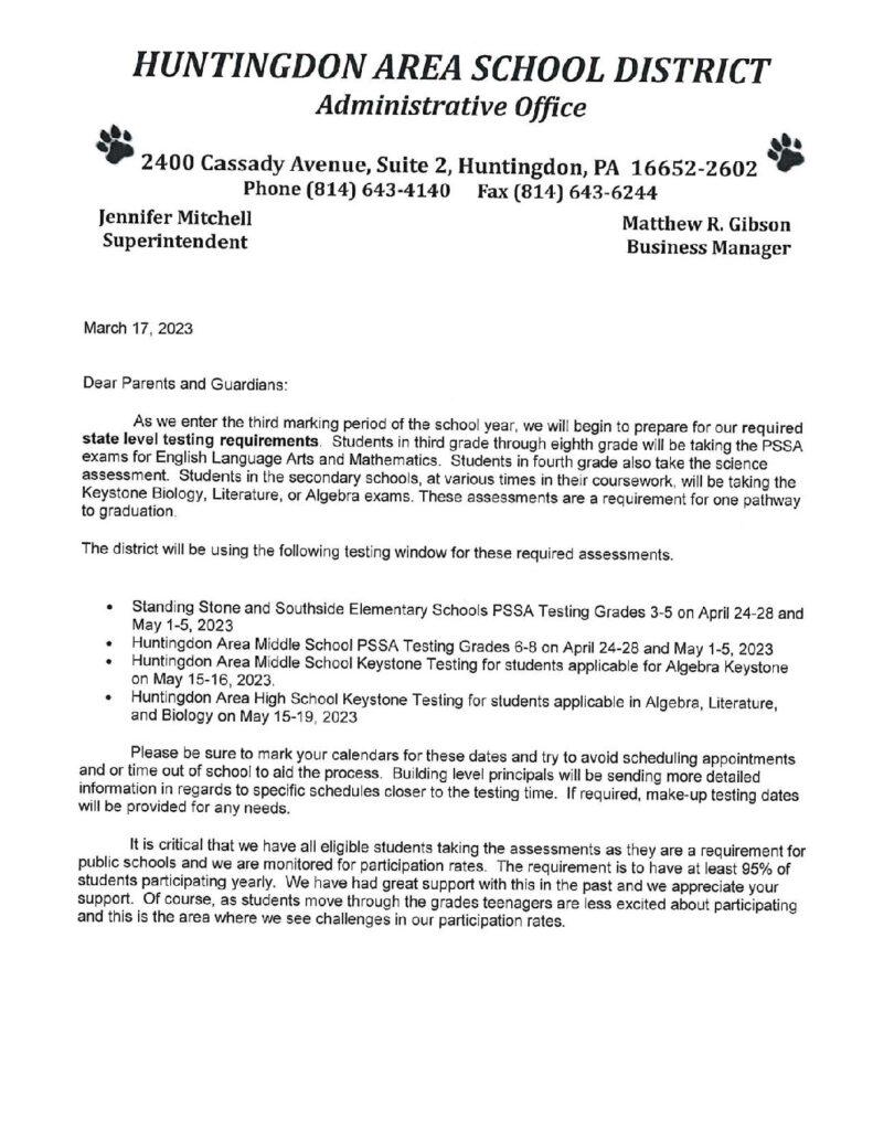 Letter from the Superintendent regarding State Level Testing ...