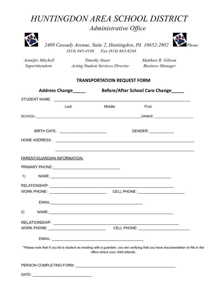 Transportation Change Request Form - Huntingdon Area School District