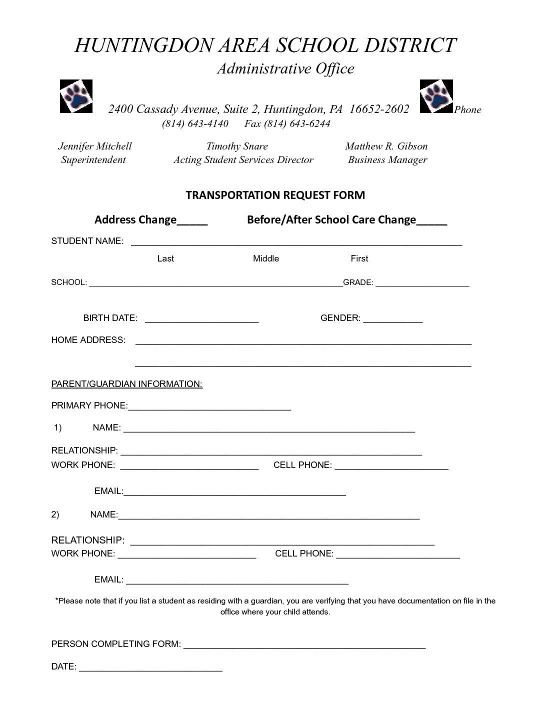 Transportation Change Request Form - Huntingdon Area School District