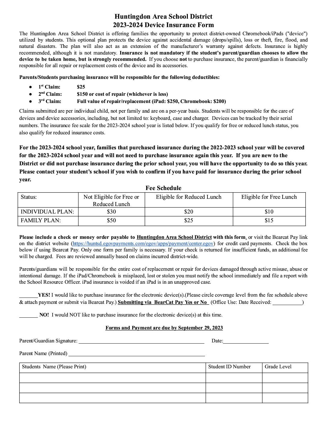 Device Insurance Form - Huntingdon Area School District