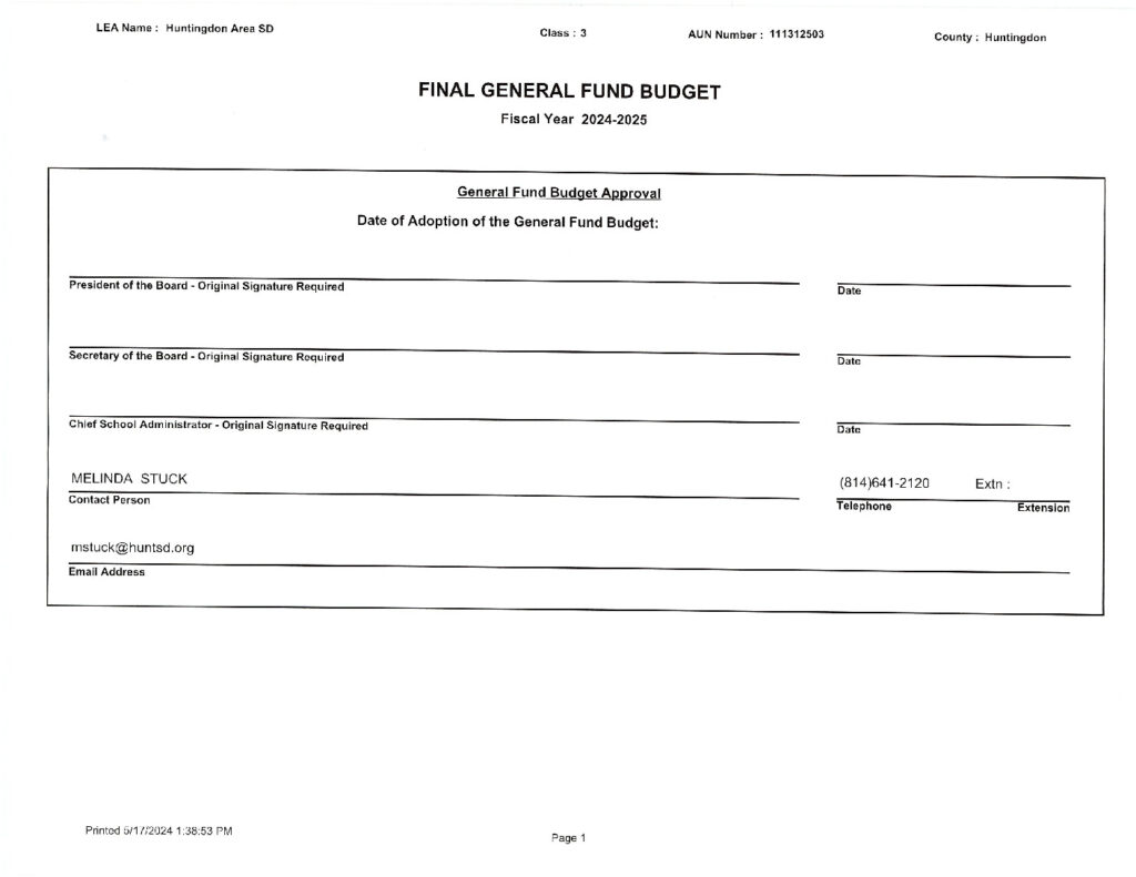 2024-2025 General Fund Budget - Huntingdon Area School District
