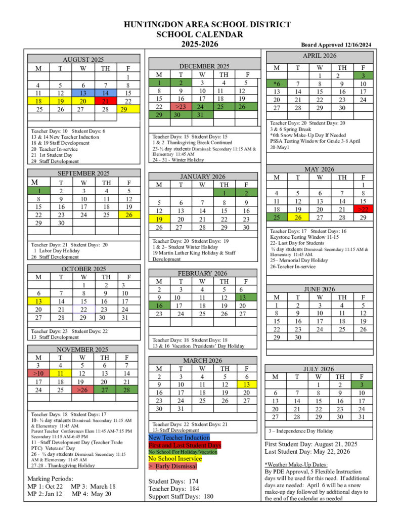 District Calendar - Huntingdon Area School District