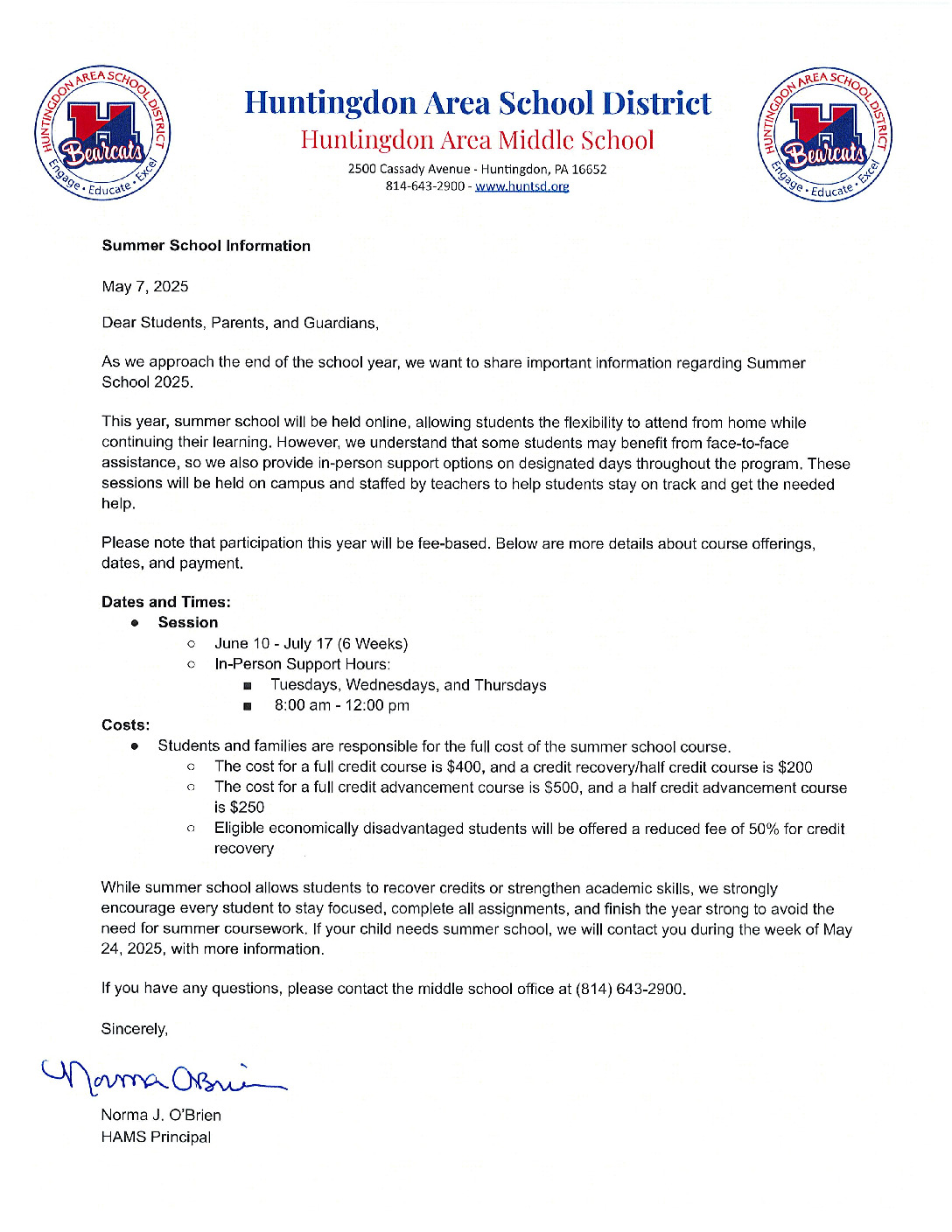 MS Summer School Memo May 2025 - Huntingdon Area School District