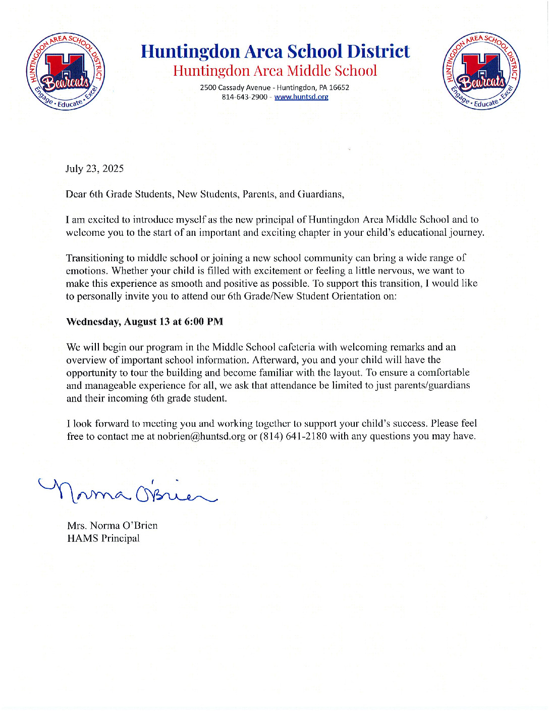 25-26 New Student Orientation Letter - Huntingdon Area School District