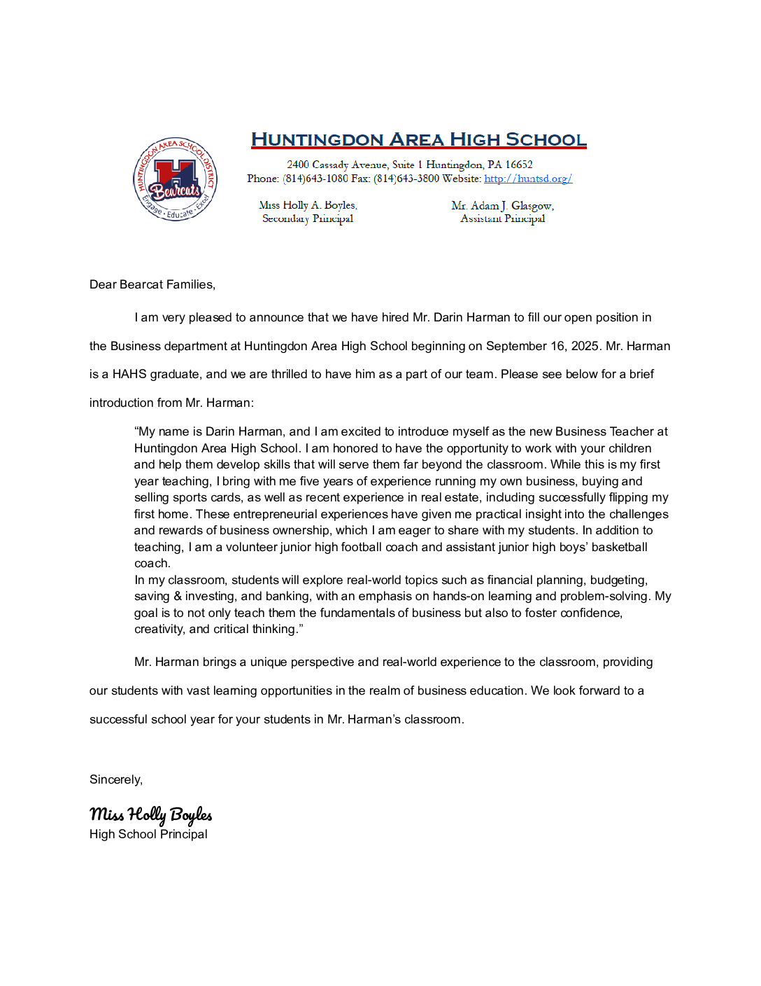 Darin Harman Intro Letter - Huntingdon Area School District